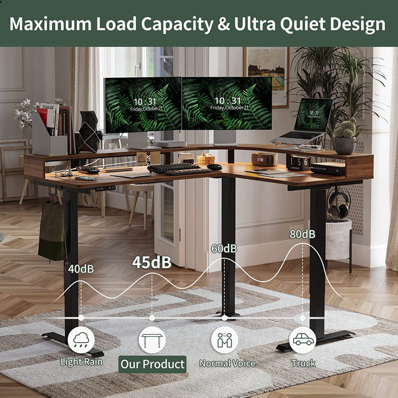 Adjustable L Shaped Metal Base Writing Desk Black Walnut Black